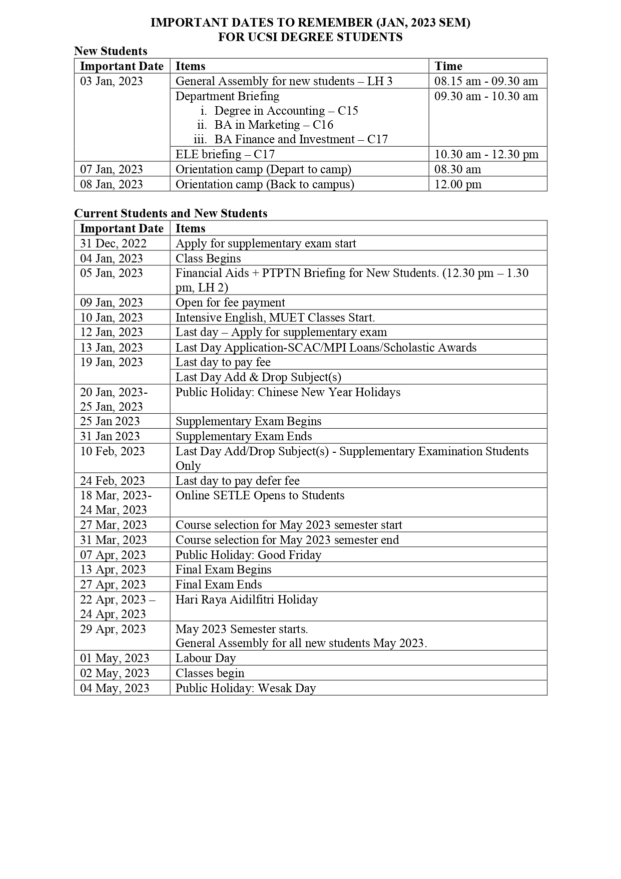 Academic Calendar – Methodist Pilley Institute