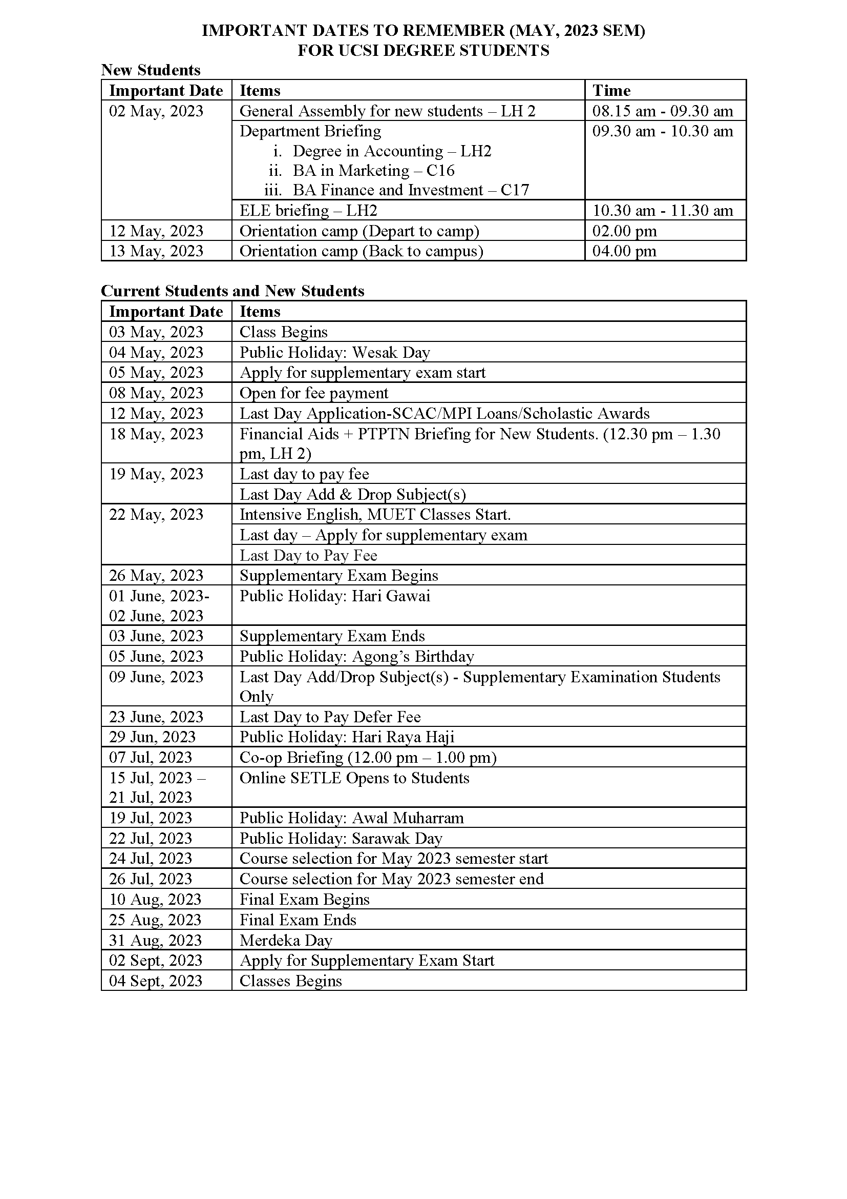 Academic Calendar – Methodist Pilley Institute