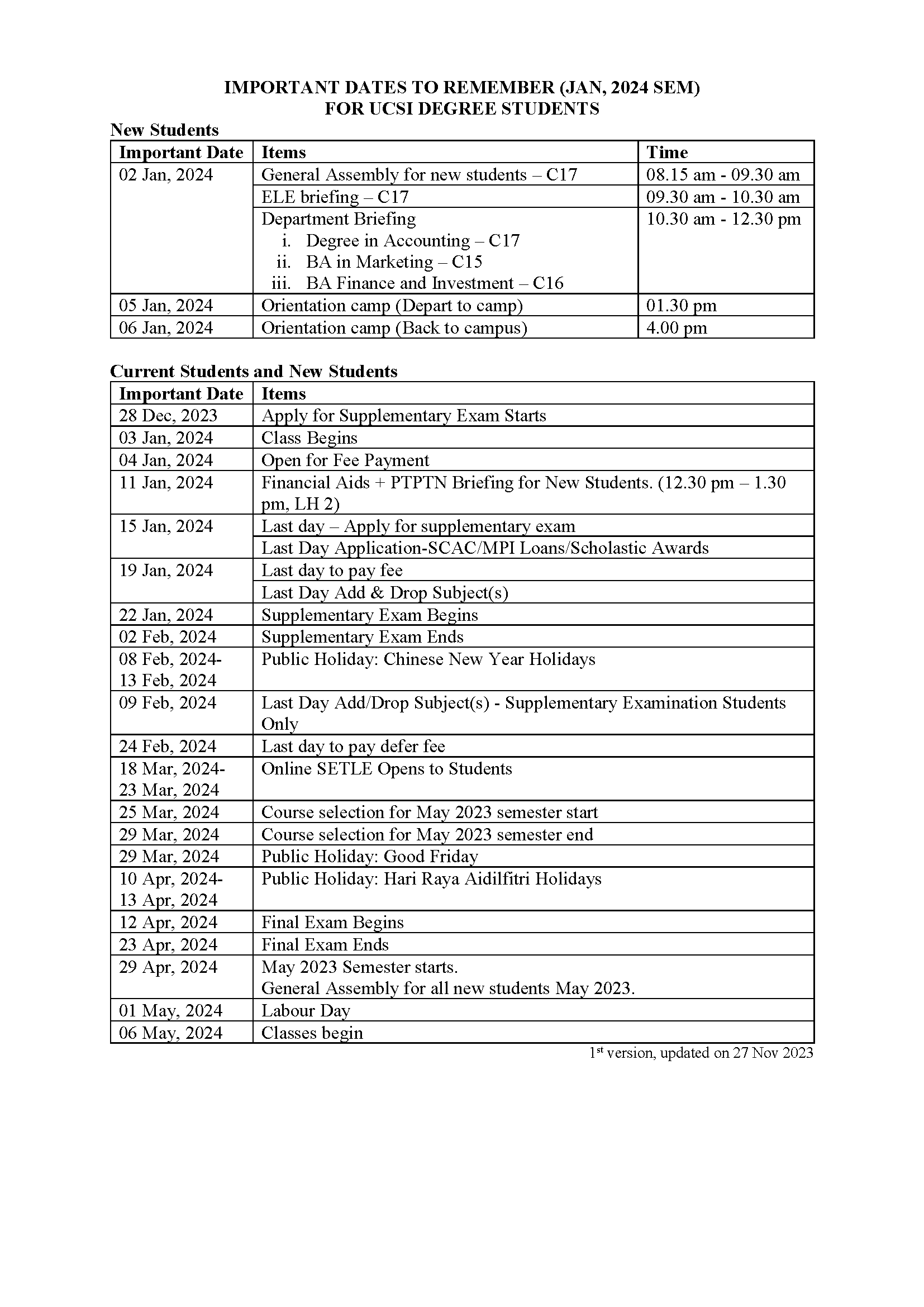 Academic Calendar – Methodist Pilley Institute