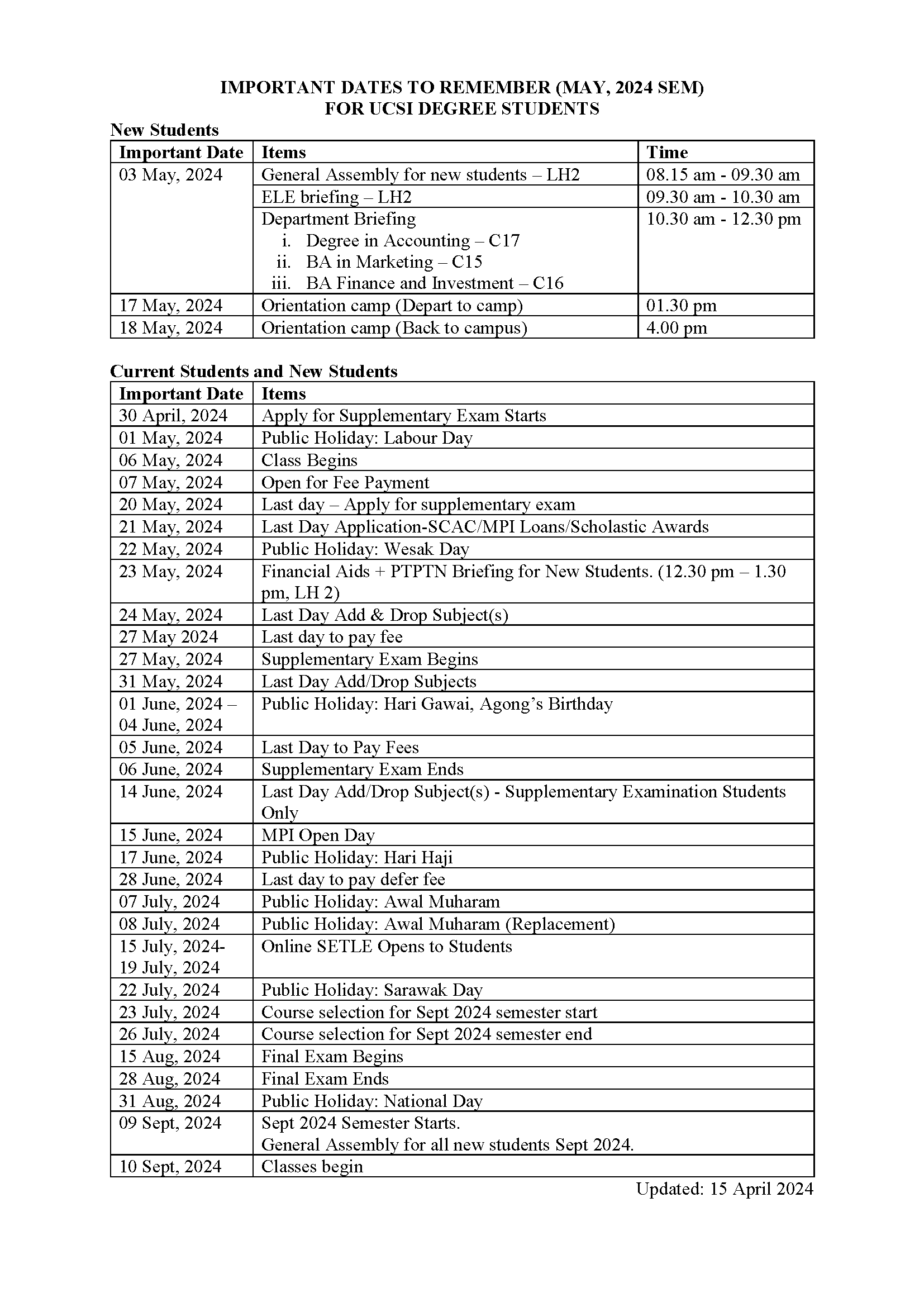 Academic Calendar – Methodist Pilley Institute